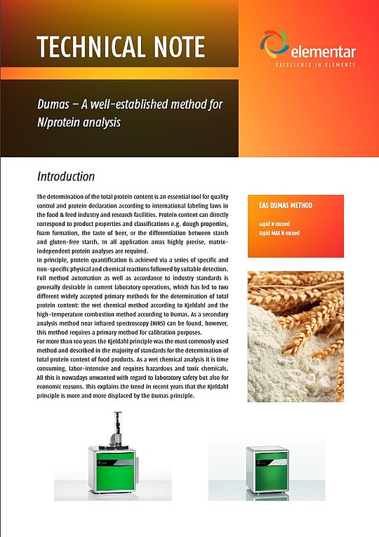 Nitrogen & protein determination in food acc. to Dumas - Elementar